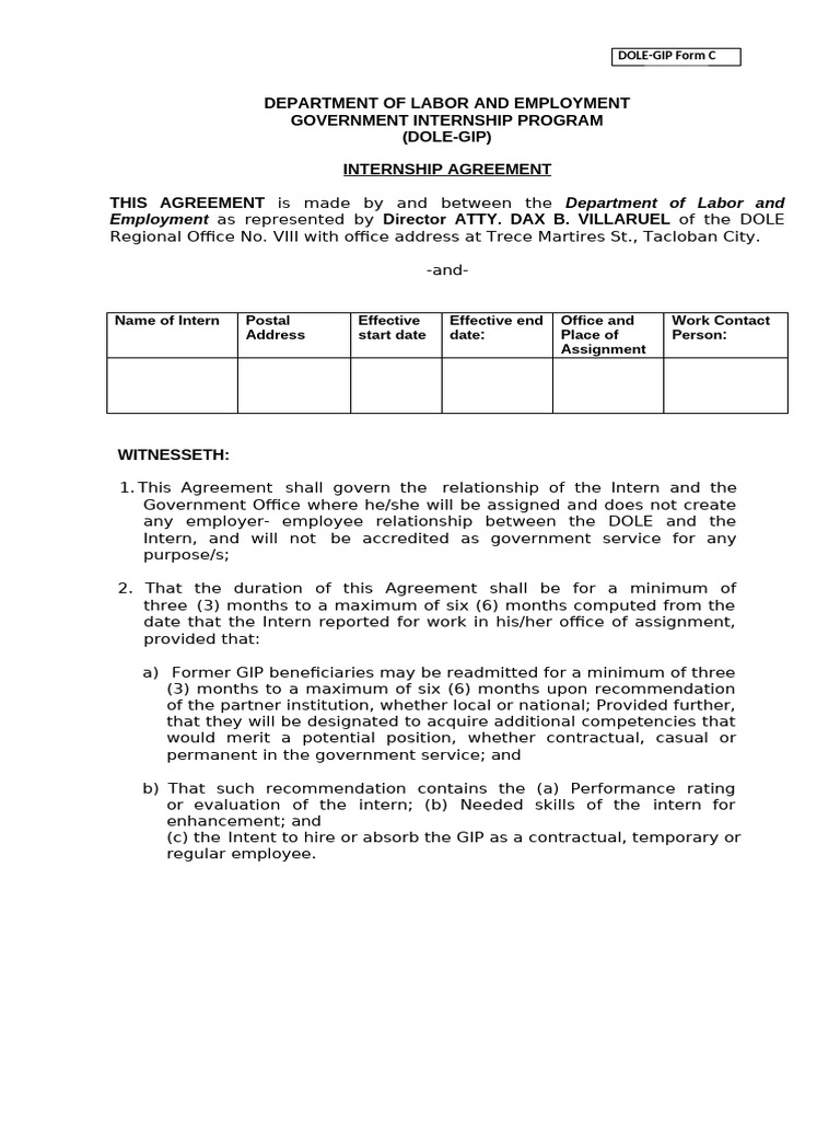 GIP INTERNSHIP AGREEMENT Final 1 | PDF | Employment | Unemployment Benefits