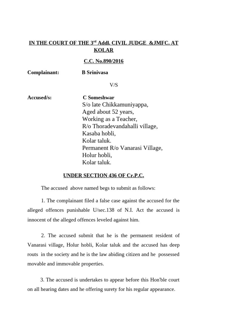 436 Bail Application 138 N.I. Act C Someshwar | PDF | Bail | Affidavit