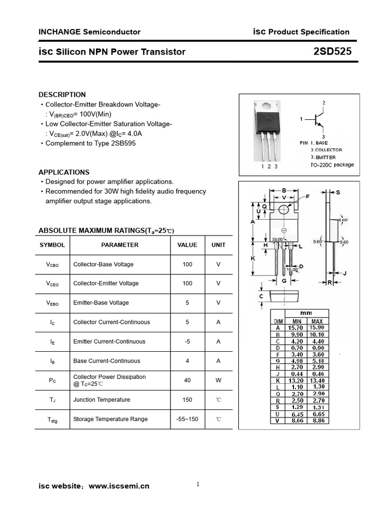 Inchange - Semiconductor 2SD525 Datasheet | PDF | Bipolar Junction ...