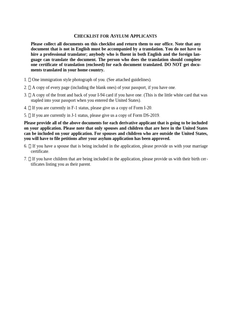 1202 Checklist For Asylum Applicants | PDF