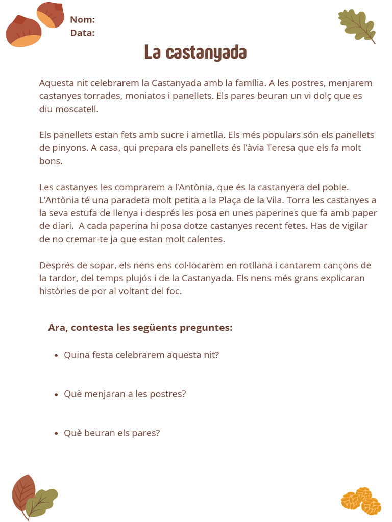 Comprensió Lectora La Castanyada | PDF