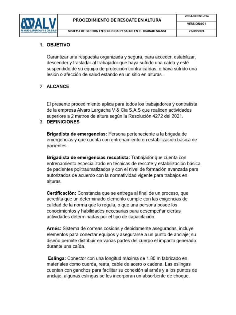 PRRA-SGSST-014 PROCEDIMIENTO DE RESCATE EN ALTURAS | PDF PRRA-SGSST-014 PROCEDIMIENTO DE RESCATE EN ALTURAS | PDF