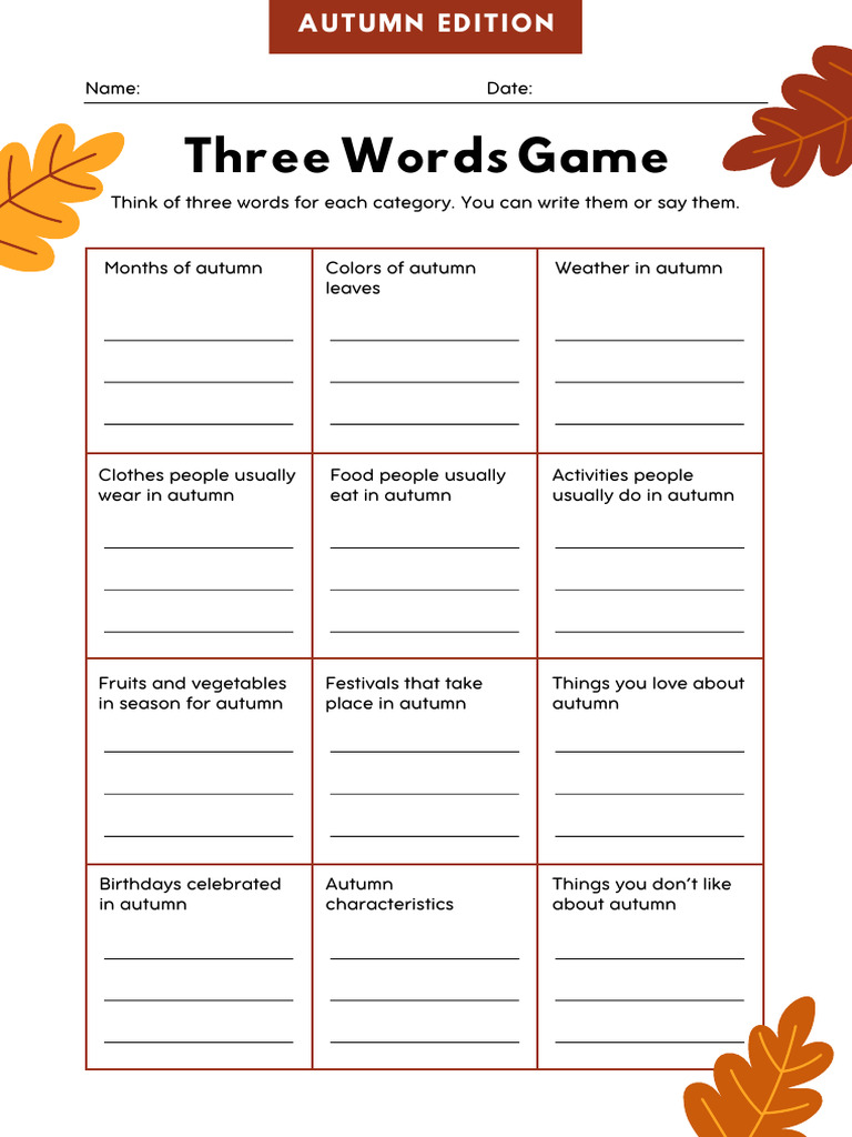Autumn Three Words Game Worksheet in Warm Brown Black White Simple ...