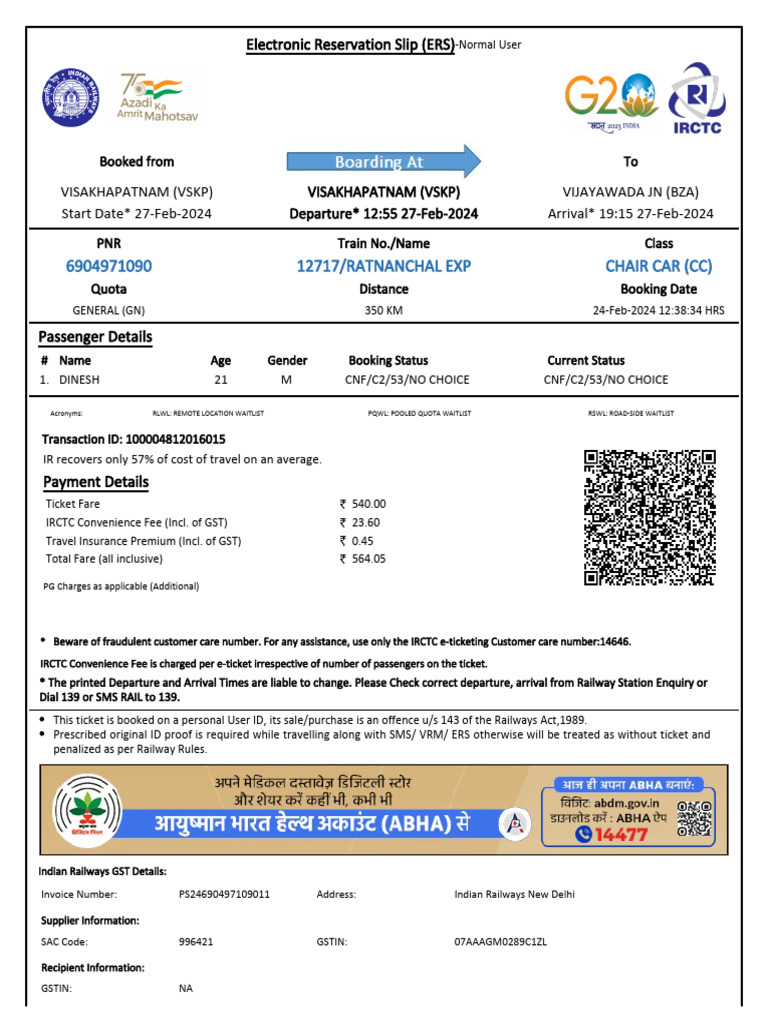 12717/ratnanchal Exp Chair Car (CC) | PDF | Identity Document