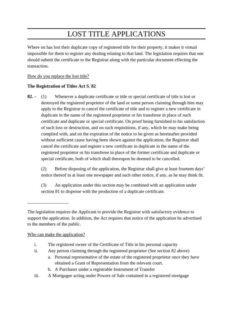 Lost Title Application Outline | PDF | Mortgage Law | Private Law