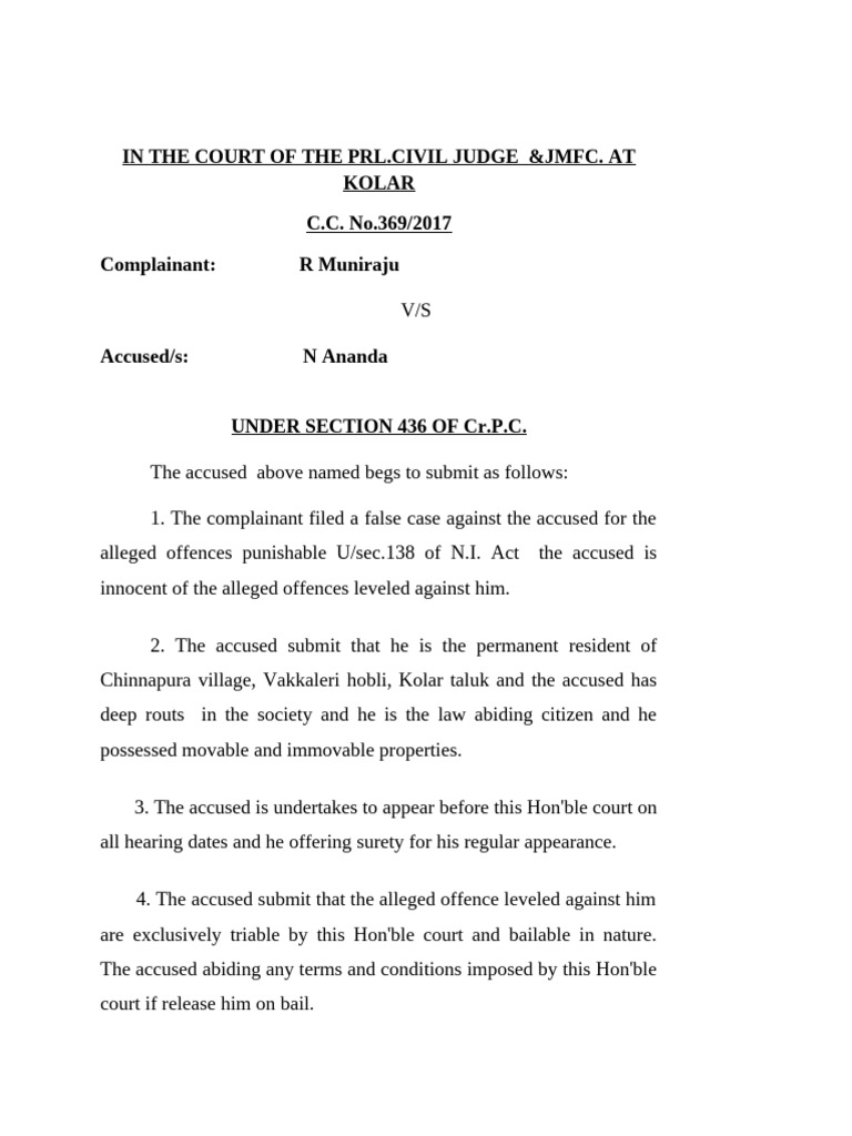 436 Bail Application 138 N.I. Act 2 | PDF | Bail | Affidavit