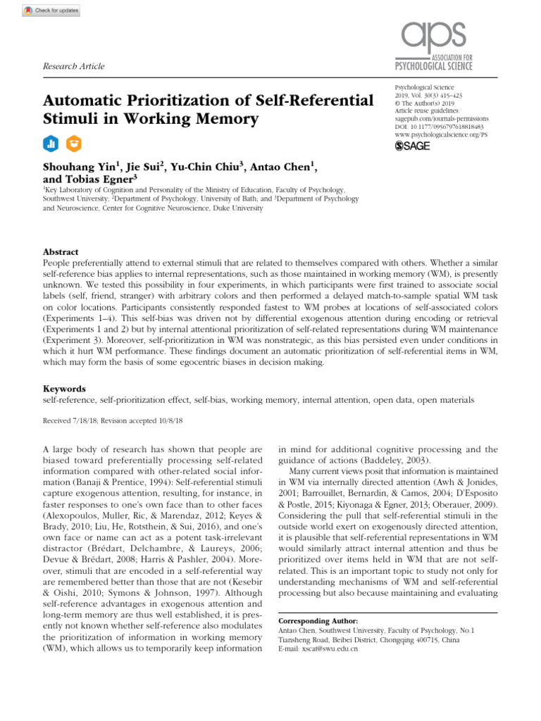 Yin Et Al 2019 Automatic Prioritization of Self Referential Stimuli in Working Memory | PDF ...