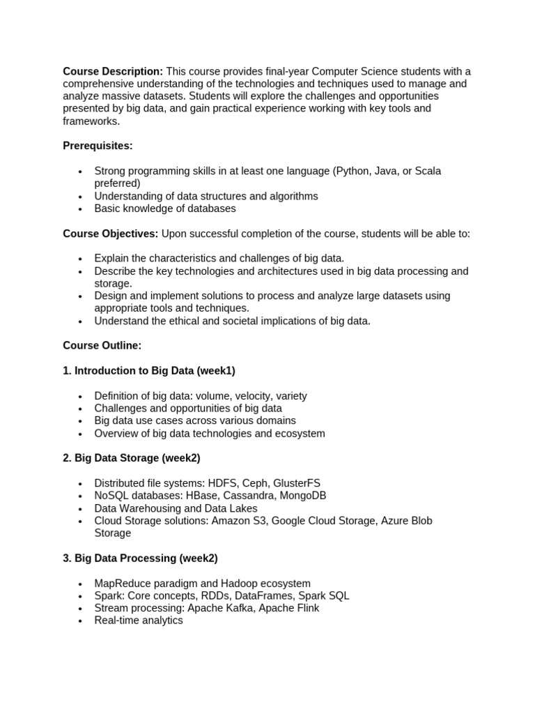 Big Data Course Outline for Students | PDF | Apache Spark | Big Data
