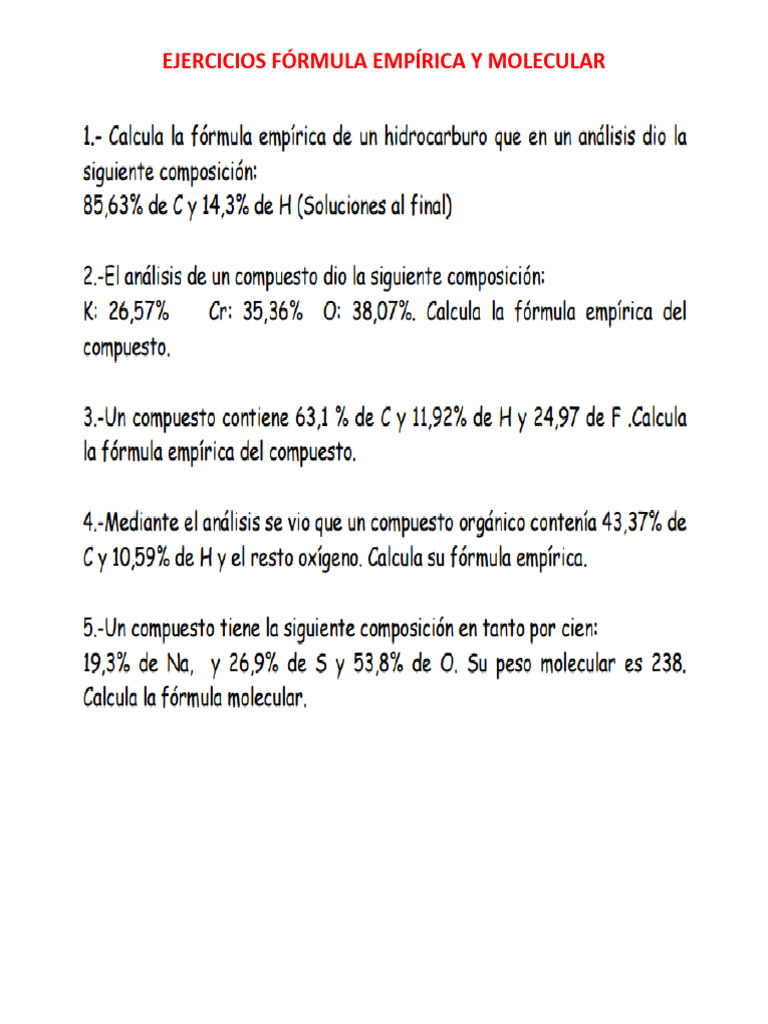 Ejercicios Fórmula Empírica y Molecular | PDF