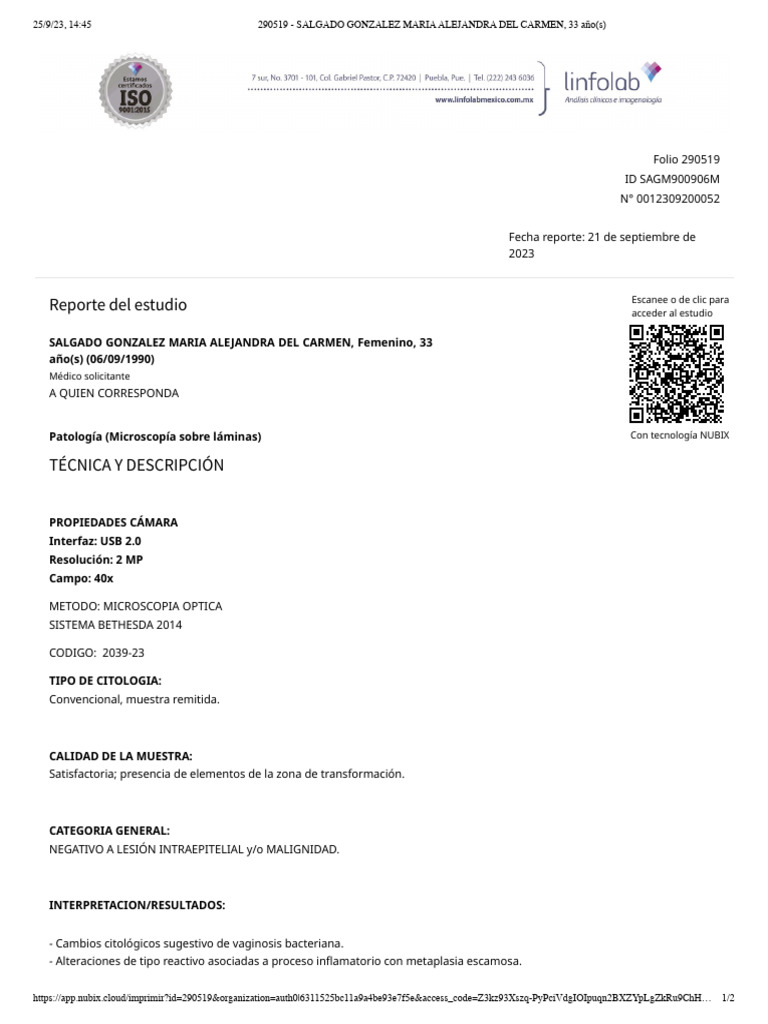 ESTUDIO CITOLOGICO SALGADO GONZALEZ MARIA ALEJANDRA DEL CARMEN, 33 Año ...