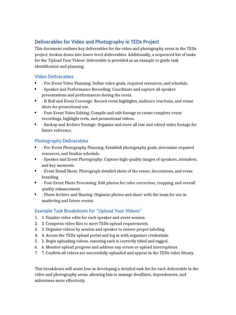 Jose Video Photography Deliverables | PDF