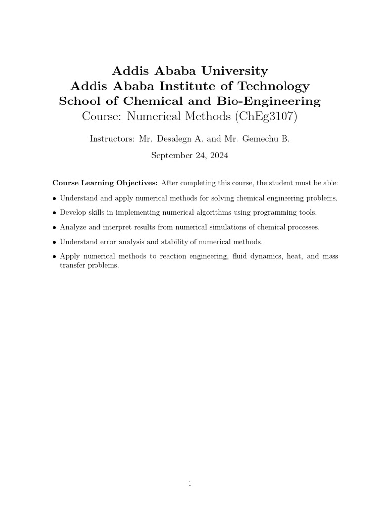 Numerical Methods Course Outline 2024-25 Chemical | PDF | Numerical ... Numerical Methods Course Outline 2024-25 Chemical | PDF | Numerical ...