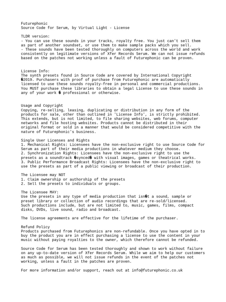 Futurephonic Source Code For Serum License | PDF | License | Royalty Payment