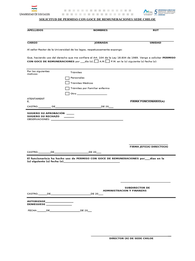 Formulario Permiso Con Goce de Remuneraciones - Sede Chiloé | PDF