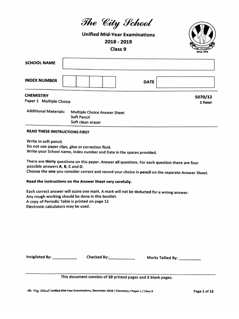 Class 9 Chemistry Paper 1 | PDF