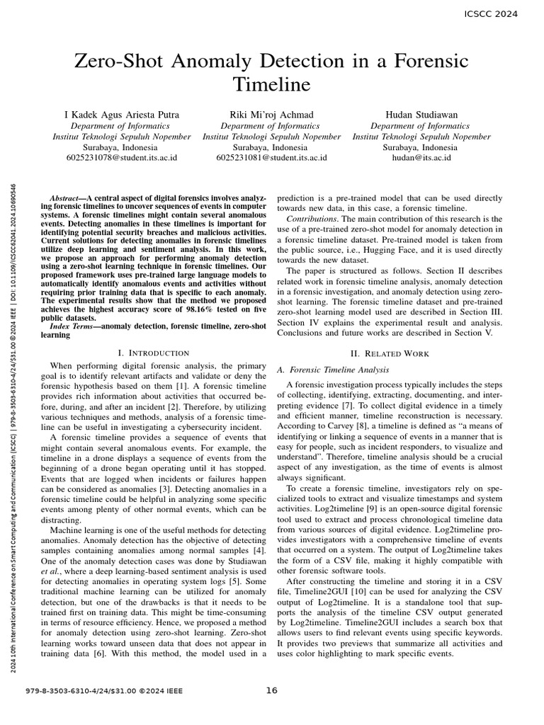 Zero-Shot Anomaly Detection in A Forensic Timeline | PDF | Accuracy And Precision | Computing