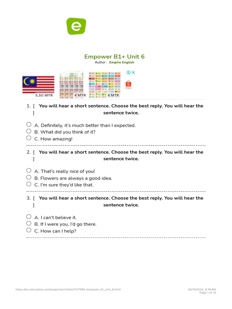 Imprimir Test - Empower B1+ Unit 6 (English Test - Empower - b1 Exam) | PDF