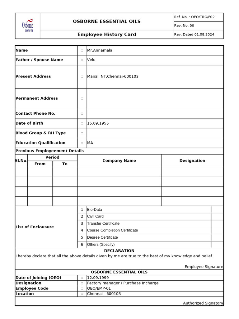 Employee History Card Format | PDF | Blood Type | Malnutrition