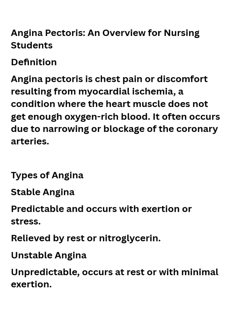 Overview of Angina Pectoris for Nurses | PDF | Coronary Artery Disease ...