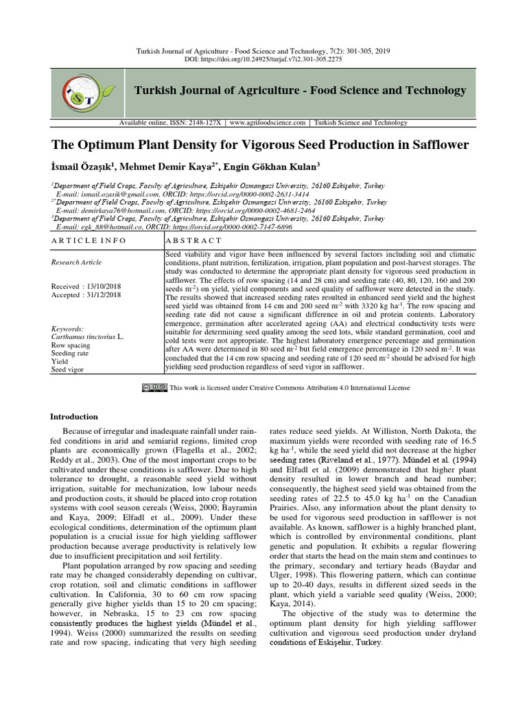The Optimum Plant Density For Vigorous Seed Production in Safflower ...