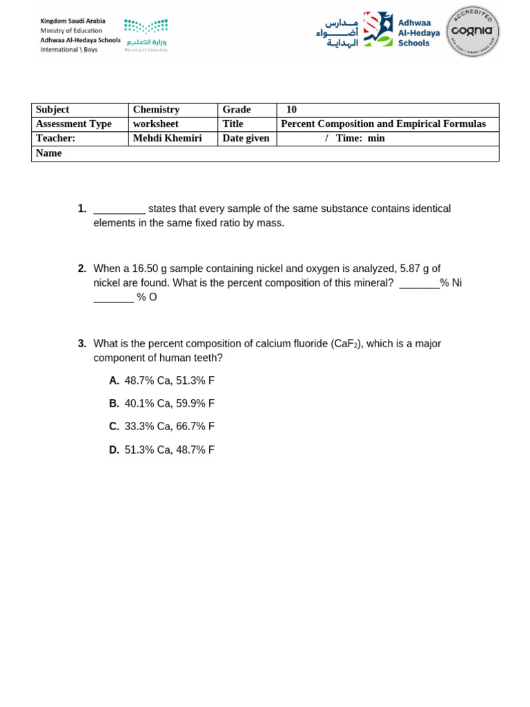 Percent Composition and Empirical Formulas | PDF | Wellness | Science ...