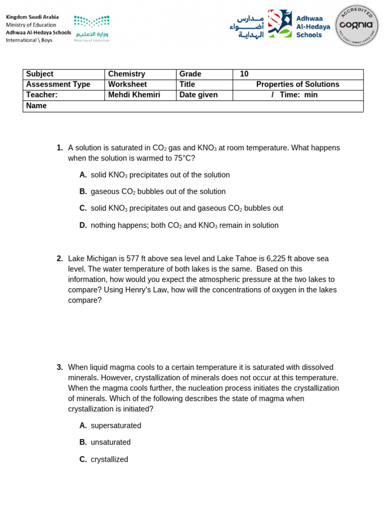 Chemistry Worksheet on Solutions and Reactions | PDF