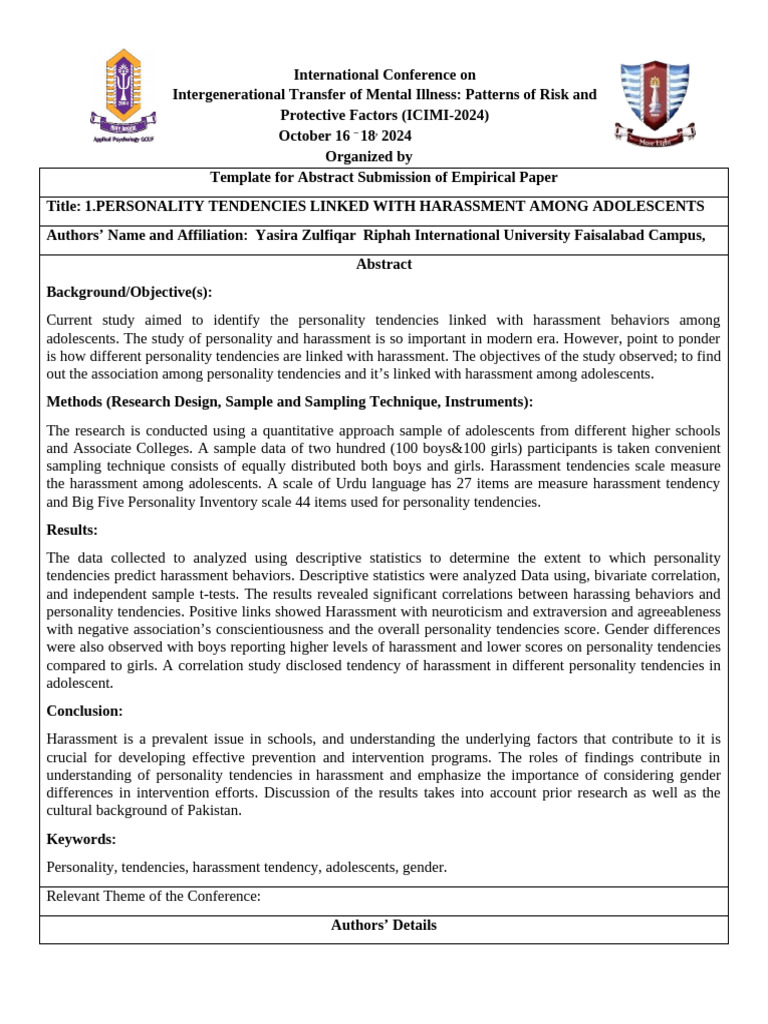 Abstract Templete ICIMI-2024 Yasira | PDF | Adolescence | Psychology