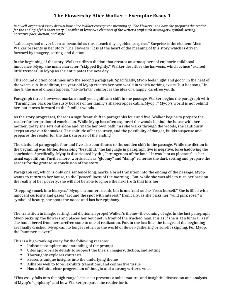 The Flowers by Alice Walker Exemplar Essays | PDF | Essays