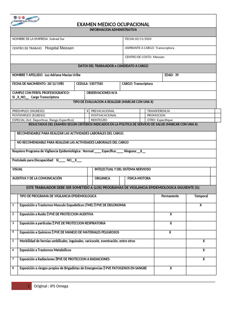Examen Médico Ocupacional para Transcriptora | PDF | Causas de la ...