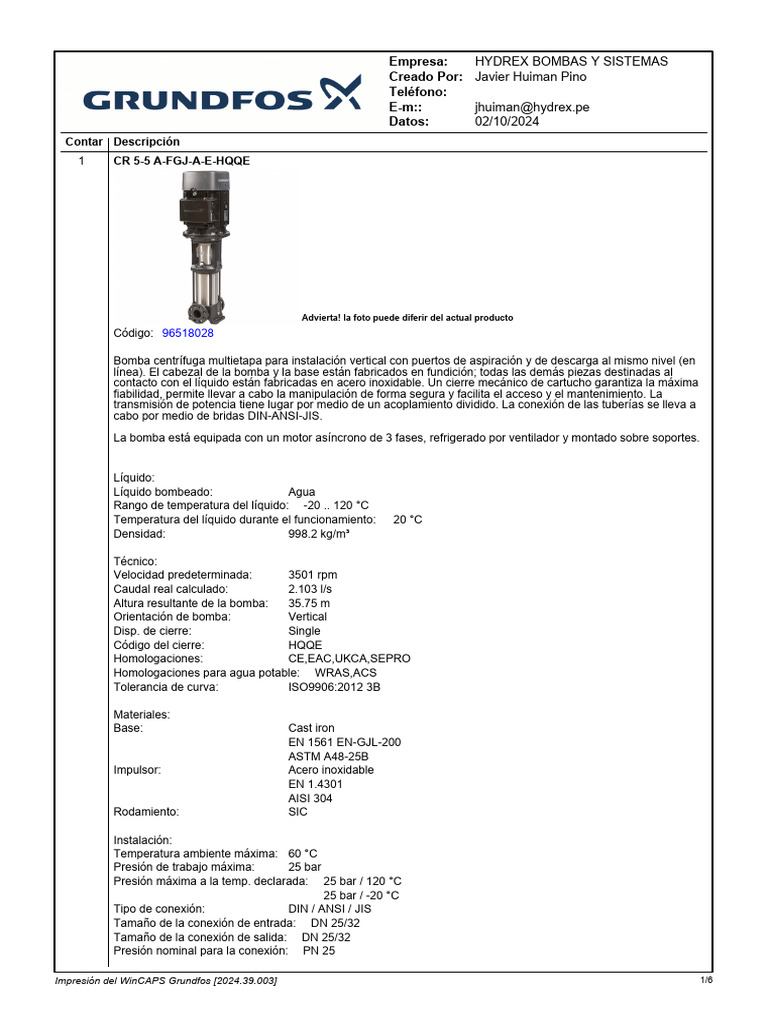 Despiece y Ficha Técnica Bomba Grundfos | PDF | Bomba | Metrología