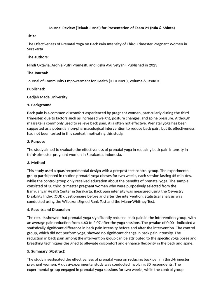 Journal Review-Presentation of Team 21 | PDF | Pregnancy | Back Pain