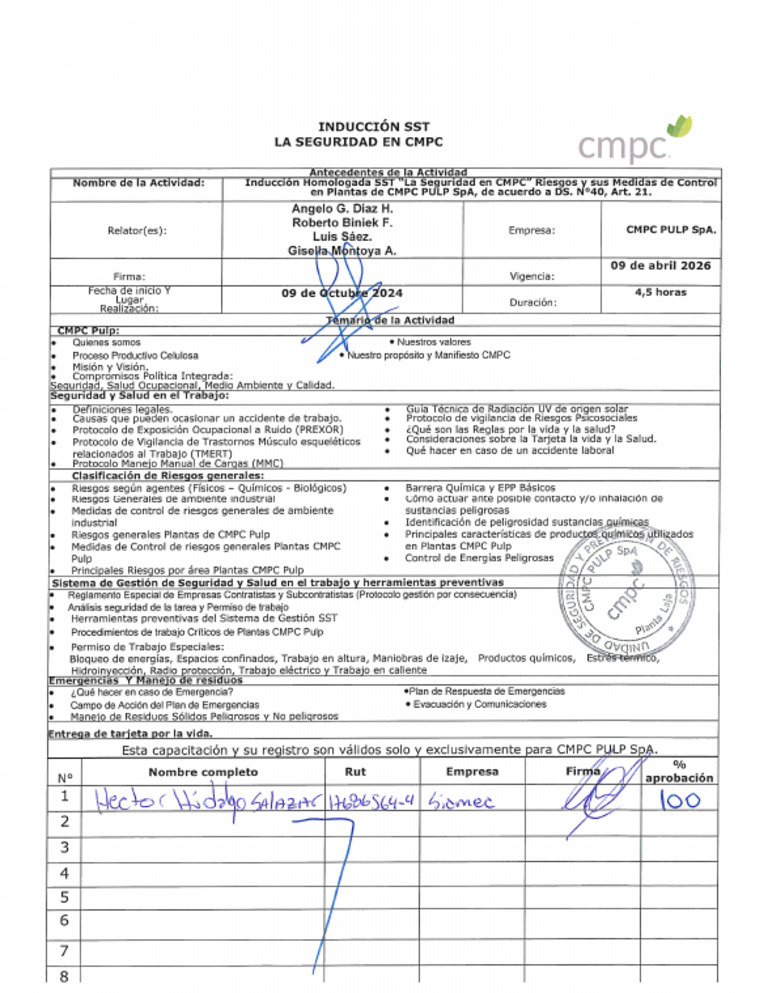 Inducción SST CMPC - Héctor Hidalgo V 09-04-2026 | PDF