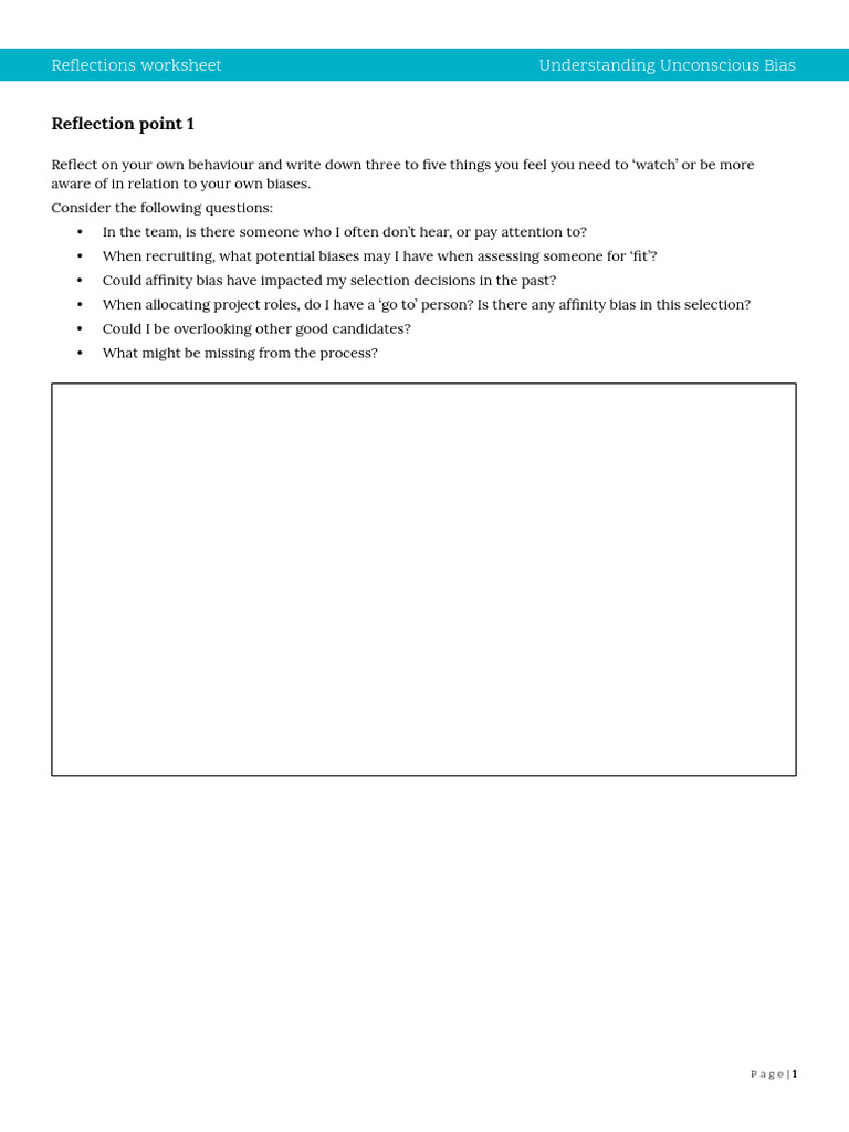 Understanding Unconscious Bias Reflection Worksheet | PDF