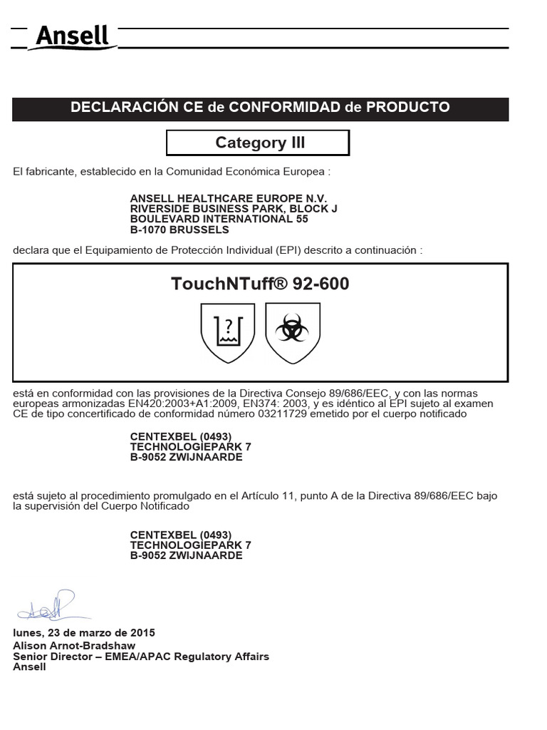 Certificado Material Guante Ansell Touch N Tuff 92 600 44085 3 | PDF