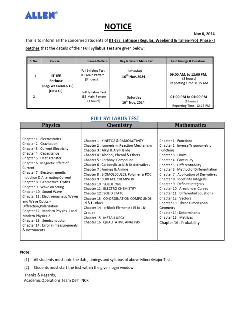 1 - JEE - Notice (M+A) - Enthuse - Phase-I - Reg, Weekend & TP - Full Syllabus On 16-Nov-2024 ...