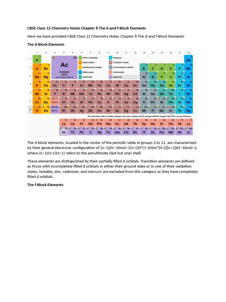 CBSE Class 12 Chemistry Notes Chapter 8 The D | PDF | Lanthanide ...
