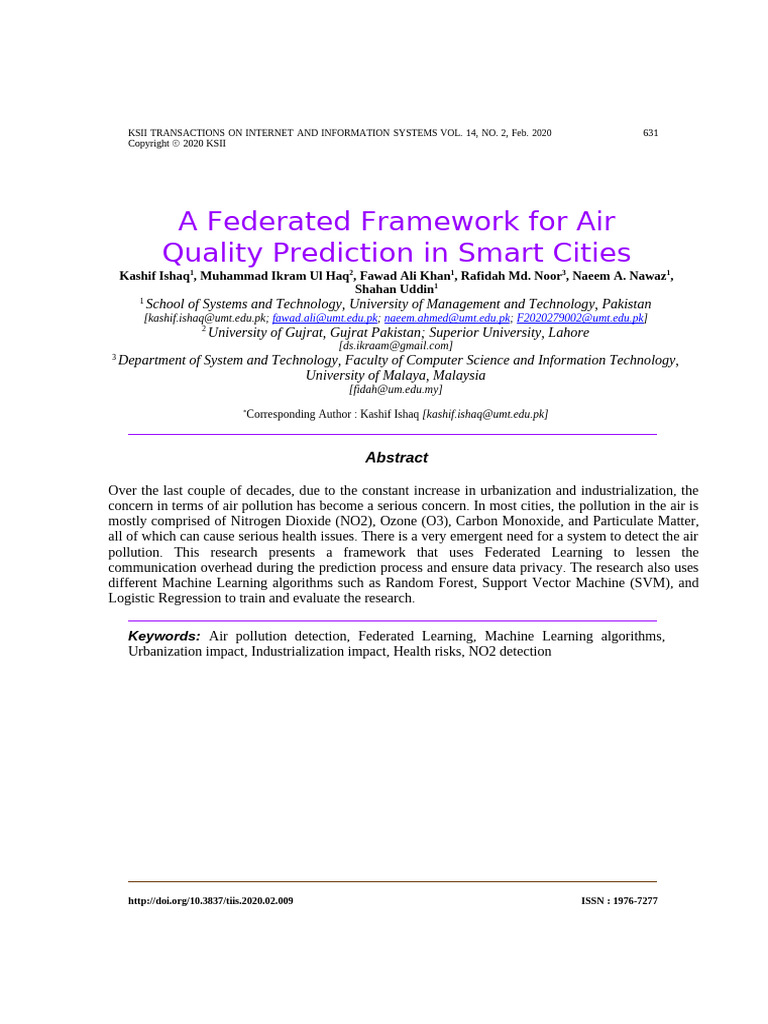 A Federated Framework for Air Quality Prediction in Smart Cities | PDF | Machine Learning | Mean ...