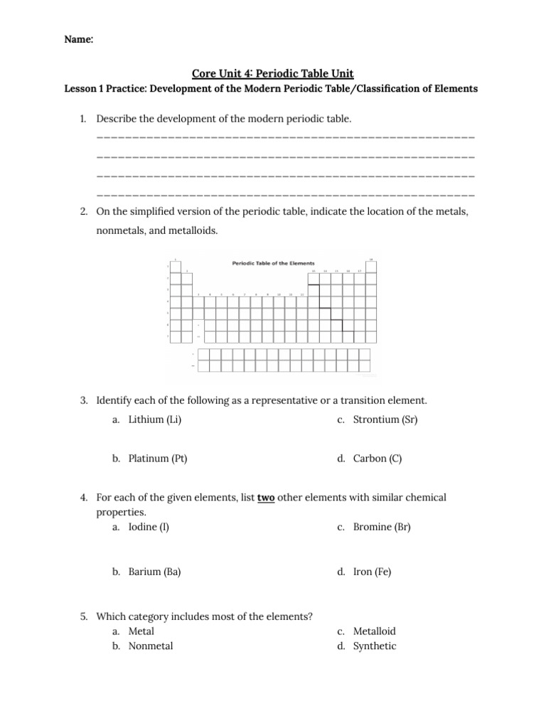 Core Unit 4 Practices - Periodic Table | PDF | Periodic Table ...