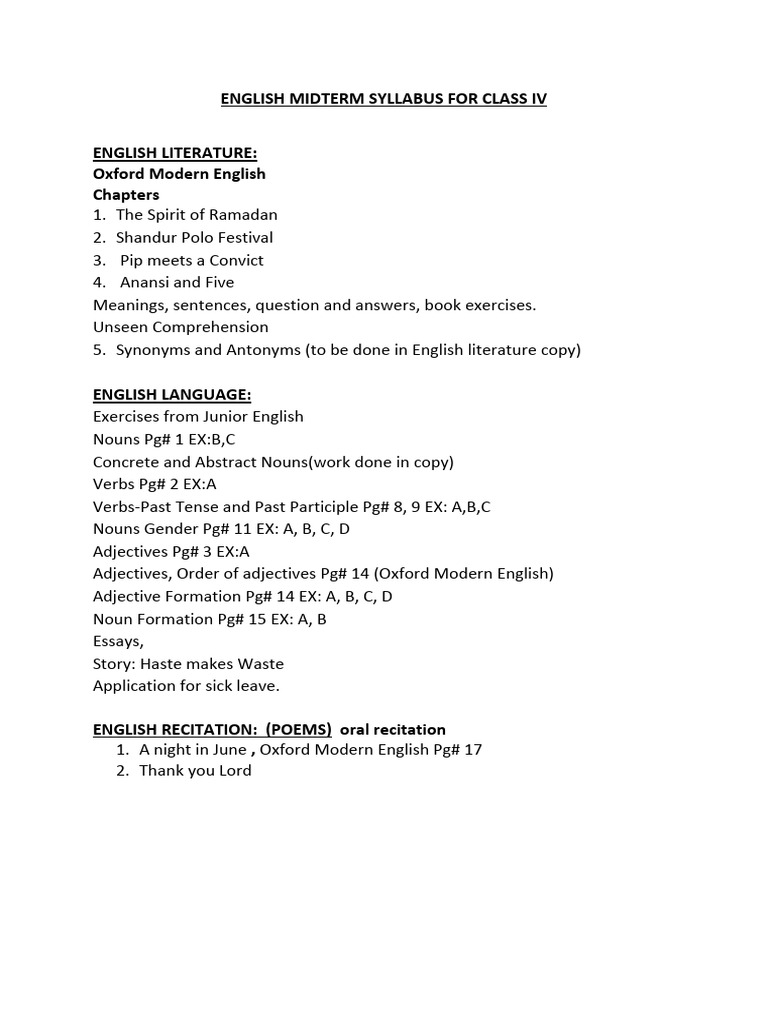 English Midterm Syllabus For Class IV-2 | PDF | Language Arts & Discipline | Art