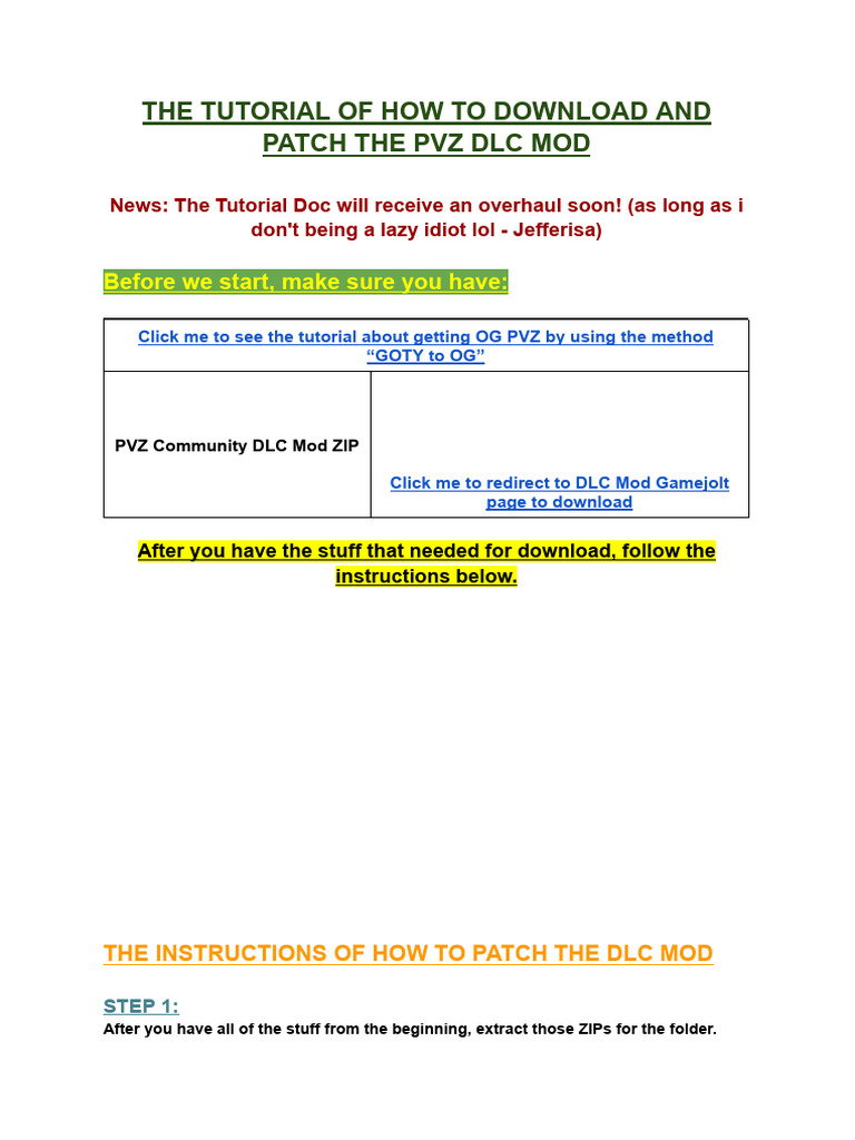The Tutorial of How To Download and Patch The PVZ DLC Mod | PDF | System Software | Utility Software