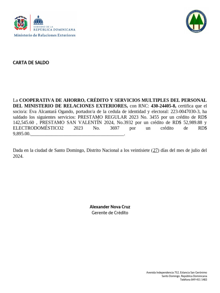 Modelo Carta de Saldo | PDF | Finanzas y dinero