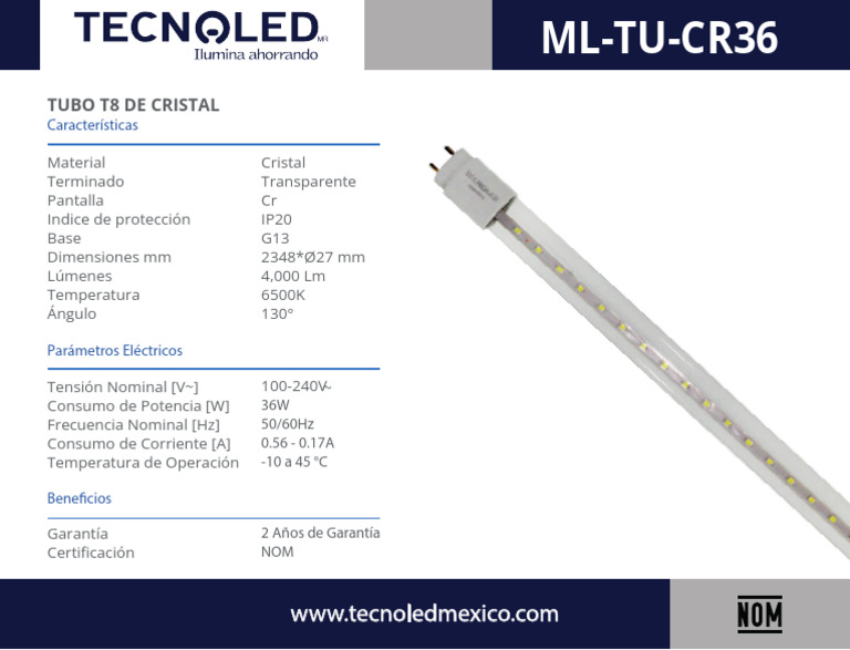 Tubo T8 de Cristal ML-TU-CR36 | PDF