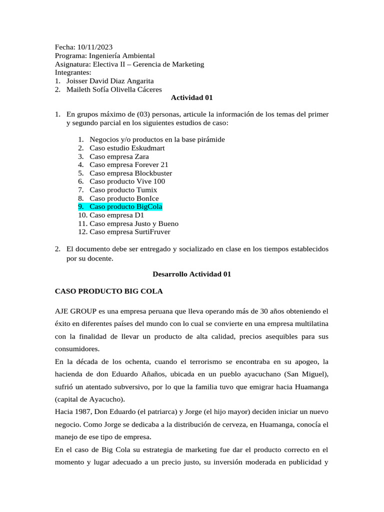 Estrategias de Marketing de Big Cola | PDF | Coca Cola | Marketing