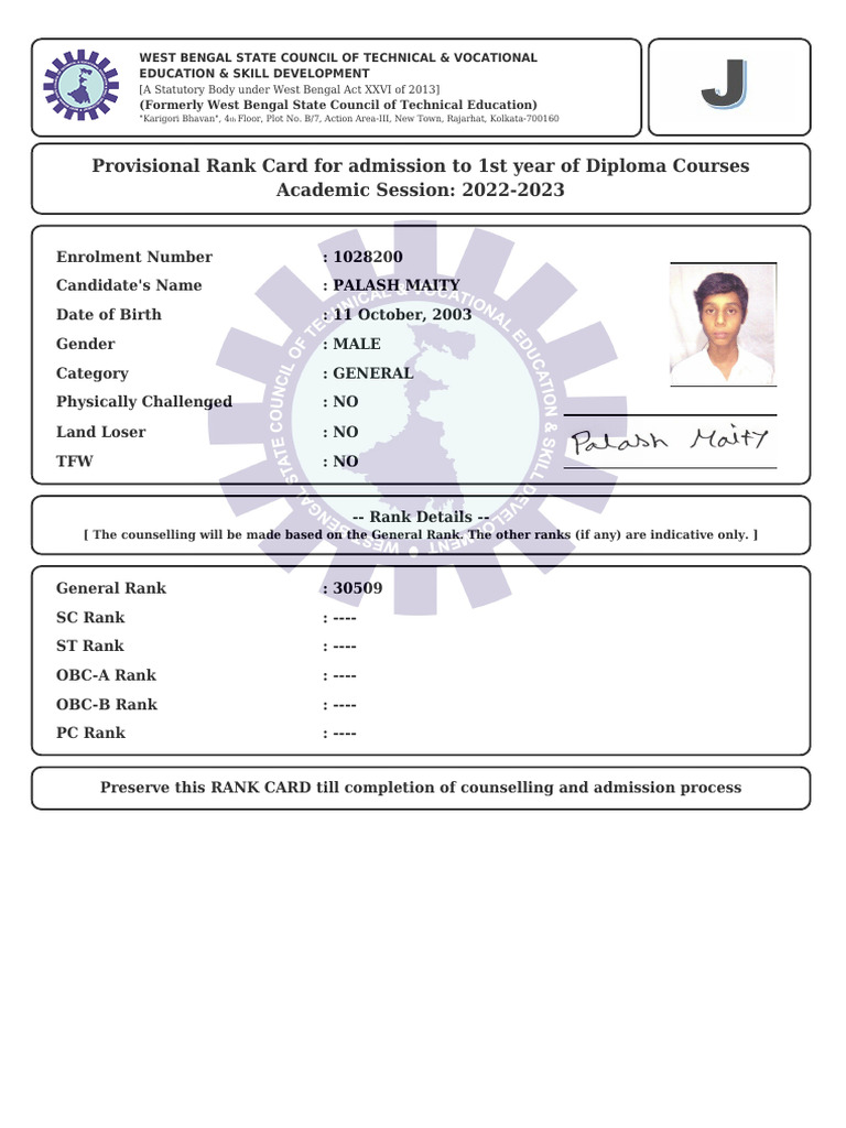 Provisional Rank Card For Admission To 1st Year of Diploma Courses ...