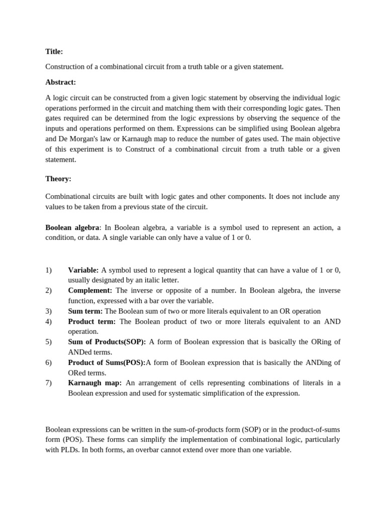 DLD LAB EXP 04 (Construction of A Combinational Circuit From A Truth Table or A Given Statement ...