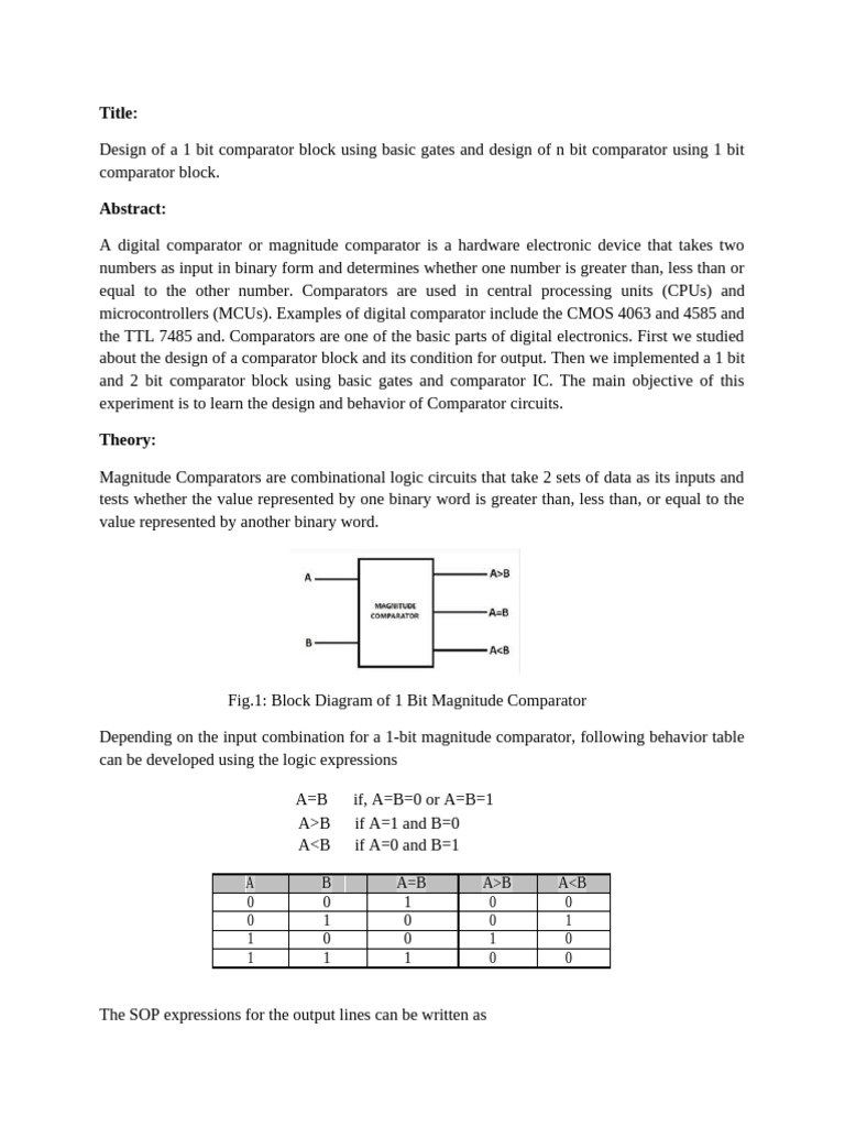 DLD LAB EXP 05 (Design of A 1 Bit Comparator Block Using Basic Gates ...