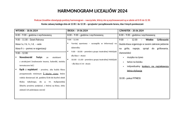 Harmonogram Licealiów Uczniowie 2023 | PDF