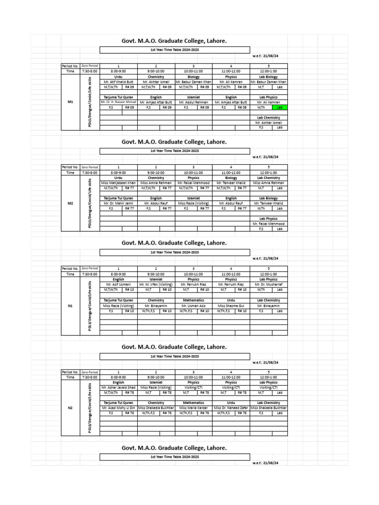 1st Year Time Table 2024-2025 | PDF
