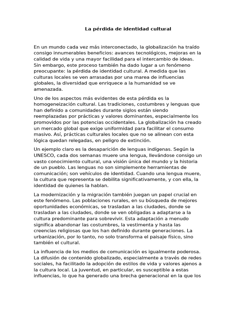 Pérdida de Identidad Cultural | PDF | Globalización | Educación en ...