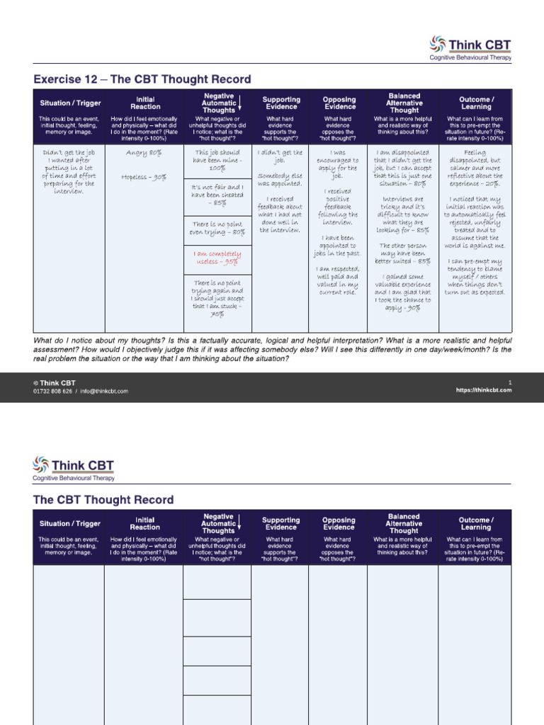 Exercise 12 - The CBT Thought Record | PDF